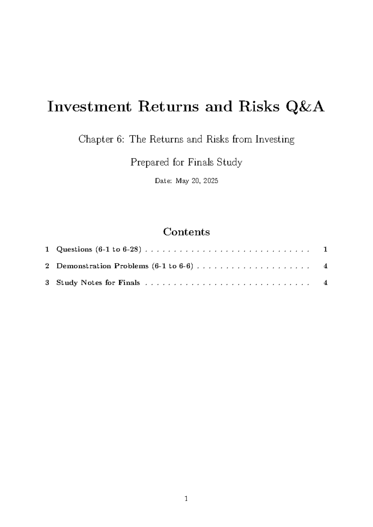 Investment Returns and Risks (FIN 101) - Study Notes for Final Exam ...