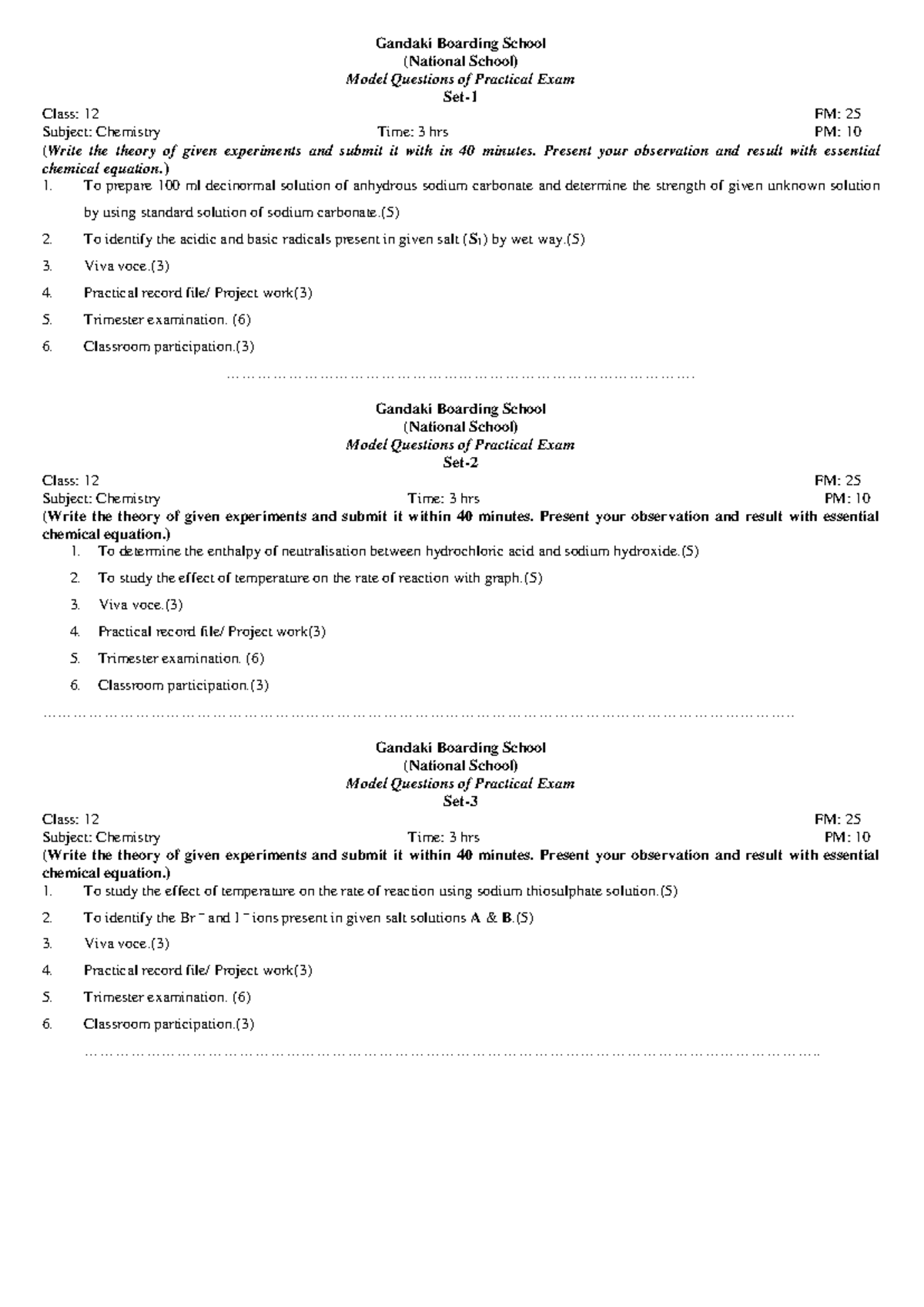 Model Questions for Class 12 Chemistry Practical Exam (FM: 25) - Studocu