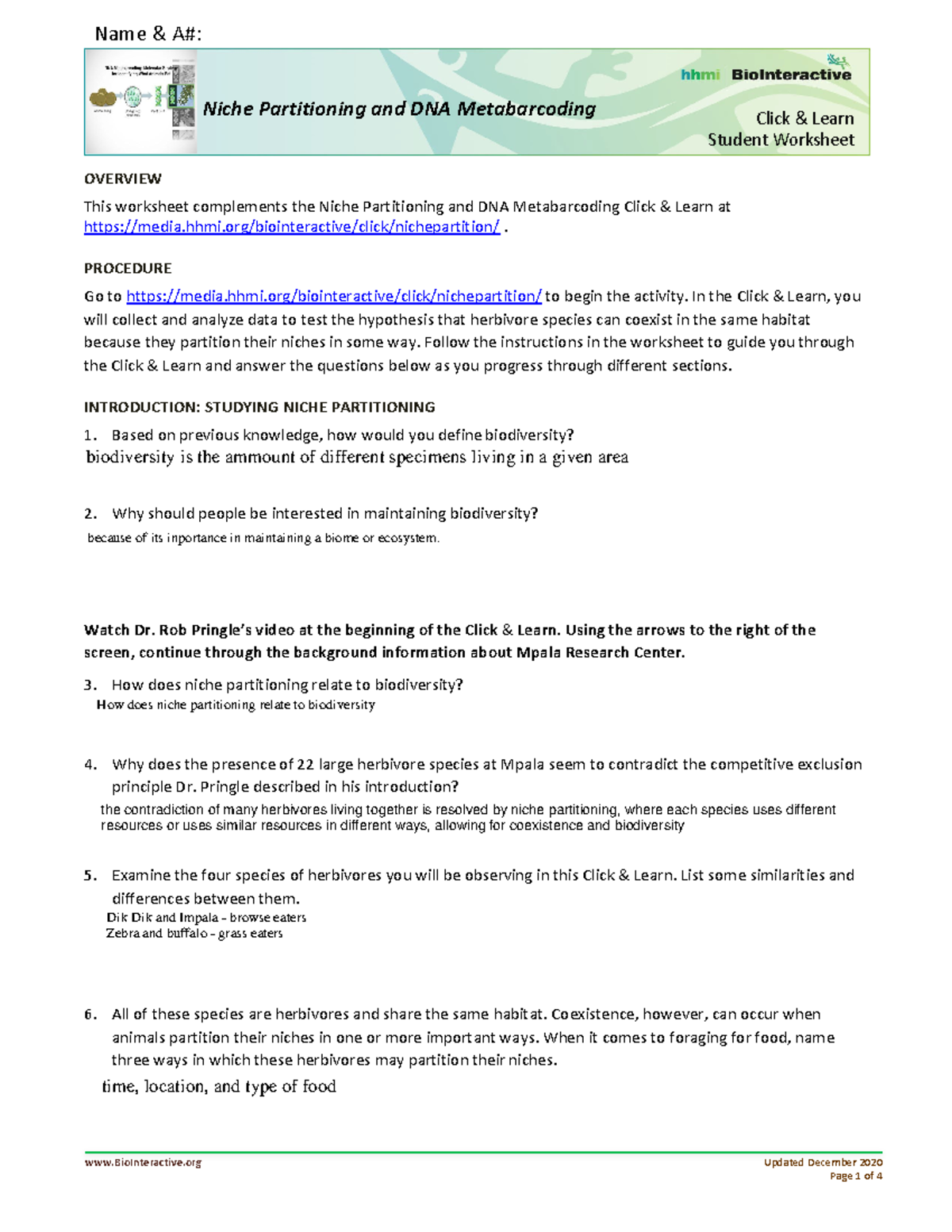 Problem Set 6: Niche Partitioning Worksheet for Biodiversity Study ...
