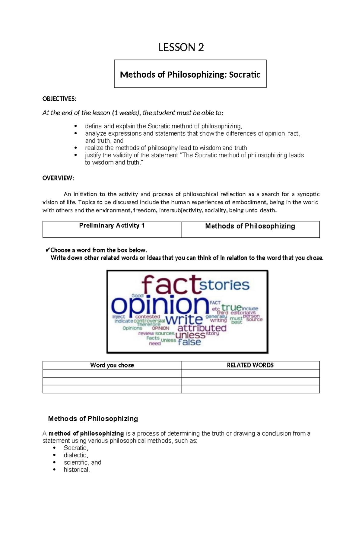 Lesson 2 - Methods of Philosophizing: Socratic LESSON 2 OBJECTIVES: At the end of the lesson (1 ...