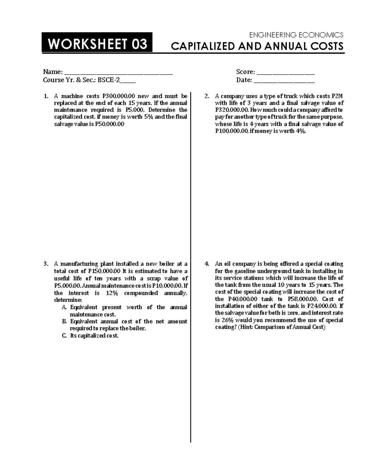 Worksheet on Capitalized & Annual Costs in Engineering Economics (BSCE ...
