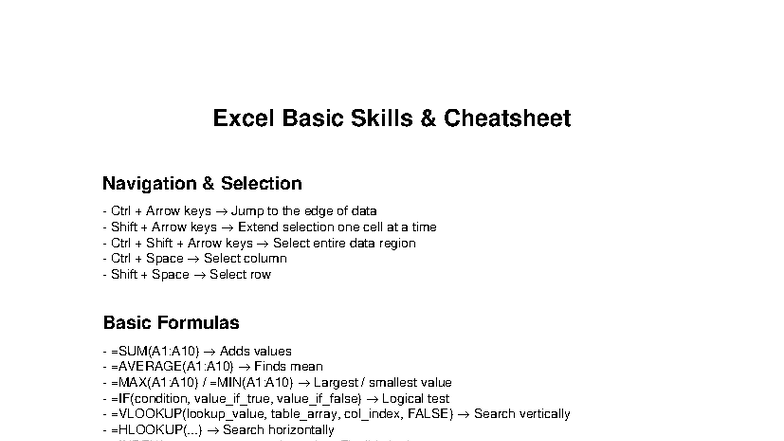 Excel Basic Skills Cheatsheet: Navigation, Formulas & Data Analysis ...