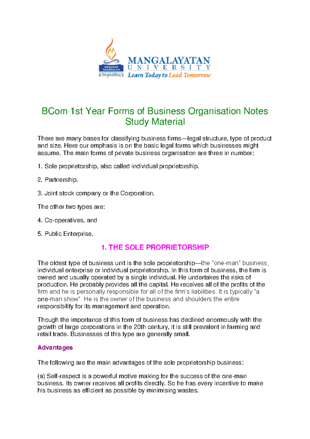 BCom 1st Year Business Organisation: Key Forms & Characteristics - Studocu