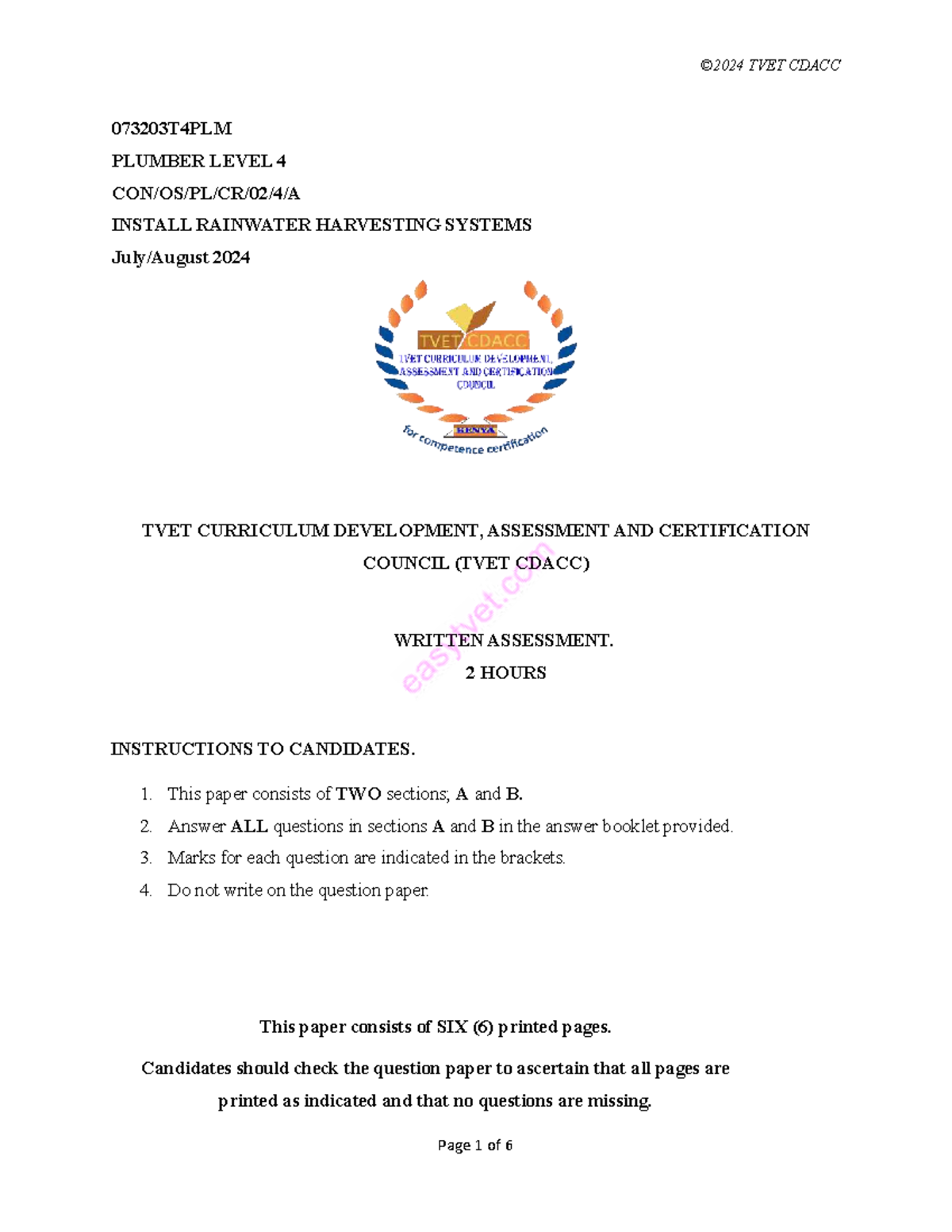 TVET CDACC 073203T4PLM Level 4 Plumber Assessment: Rainwater Harvesting ...