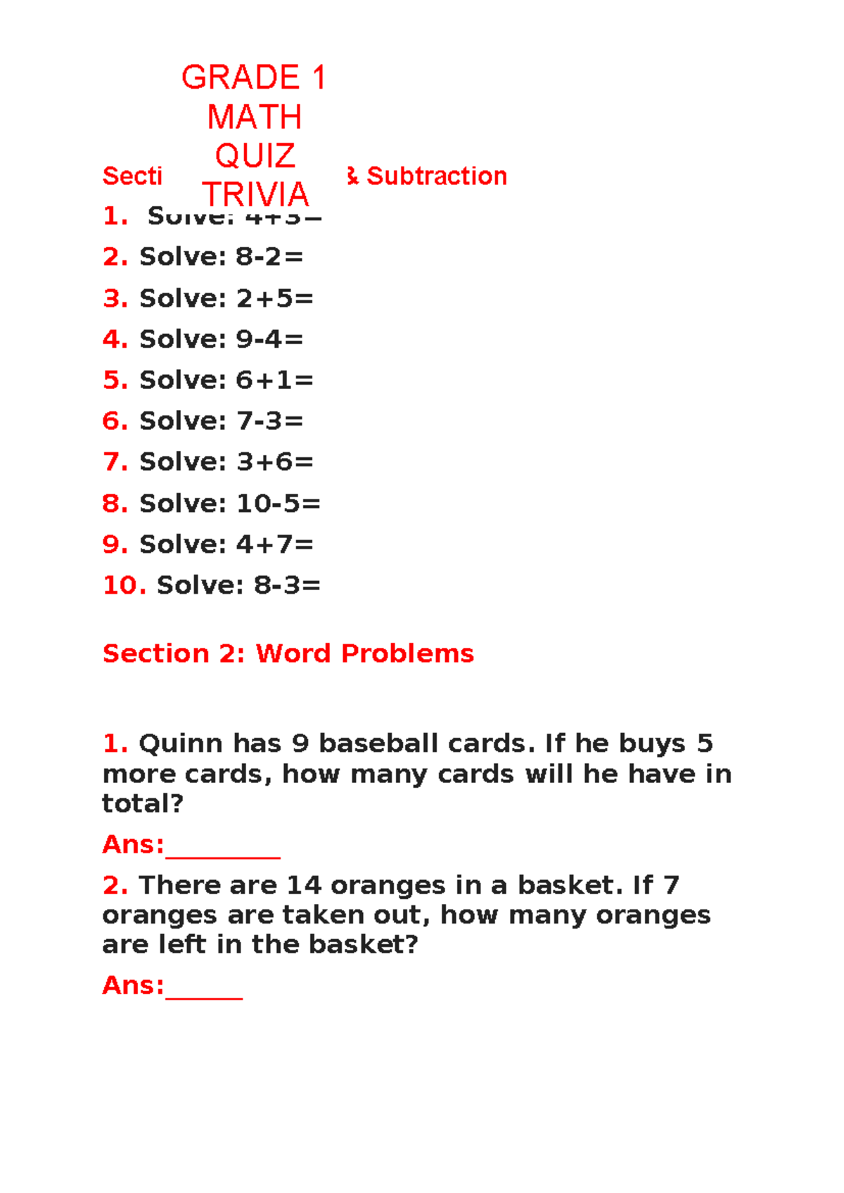 GRADE 1 MATH QUIZ: Addition, Subtraction & Geometry Problems - Studocu