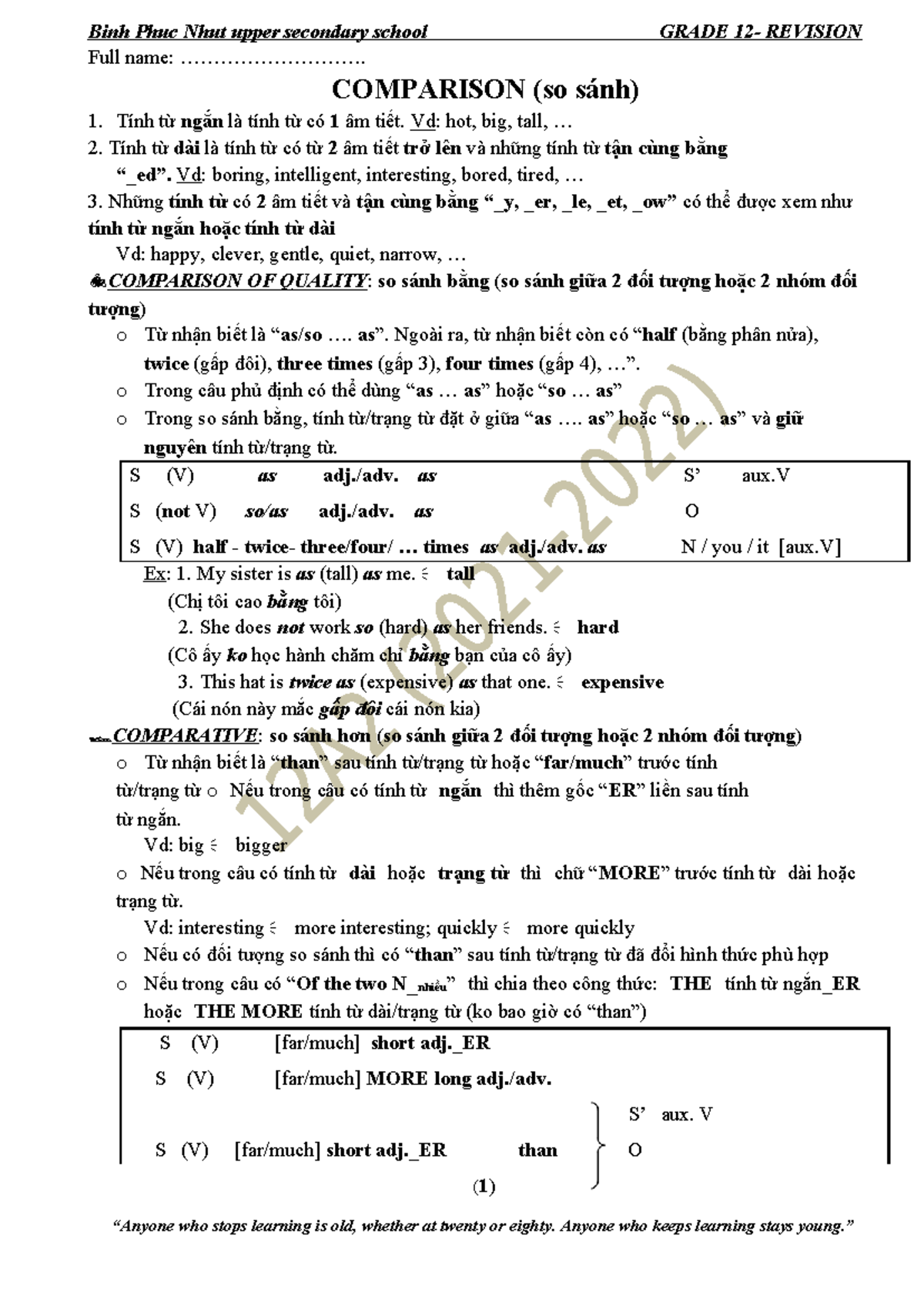 Grade 12 - Comparison Revision Notes for 2022 - Studocu