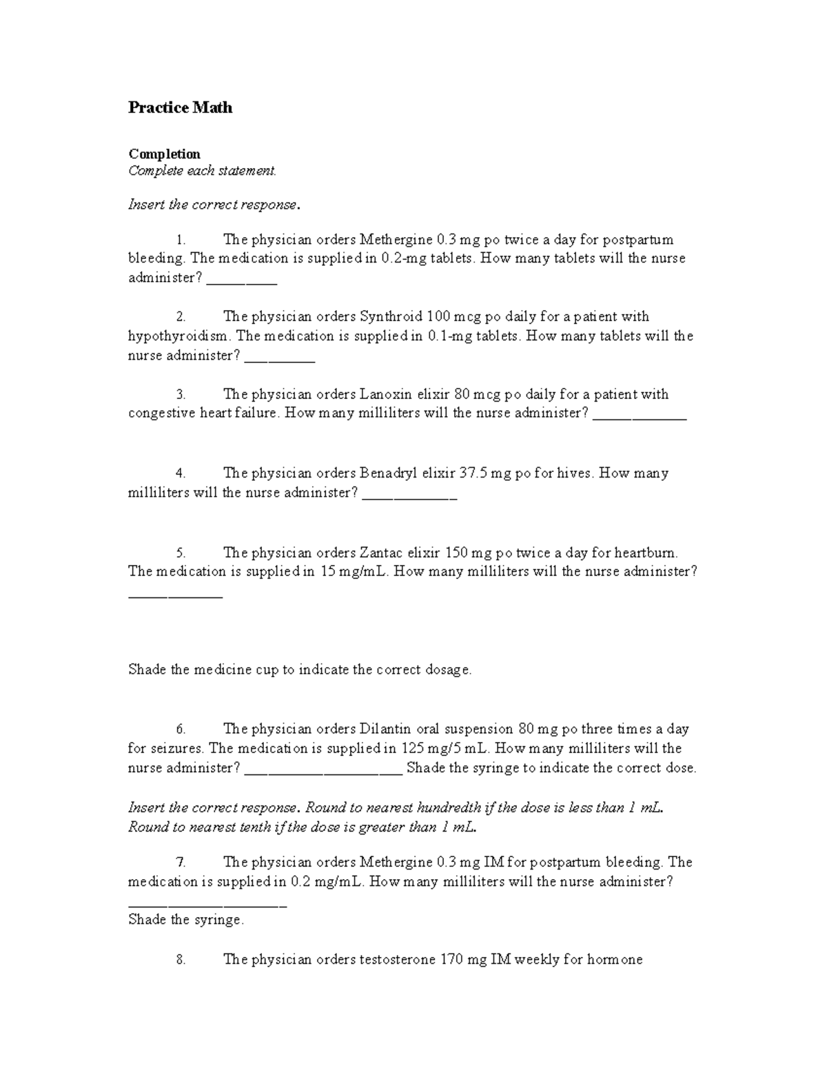 Calculation Practice Quiz (40) - Practice Math Completion Complete each ...