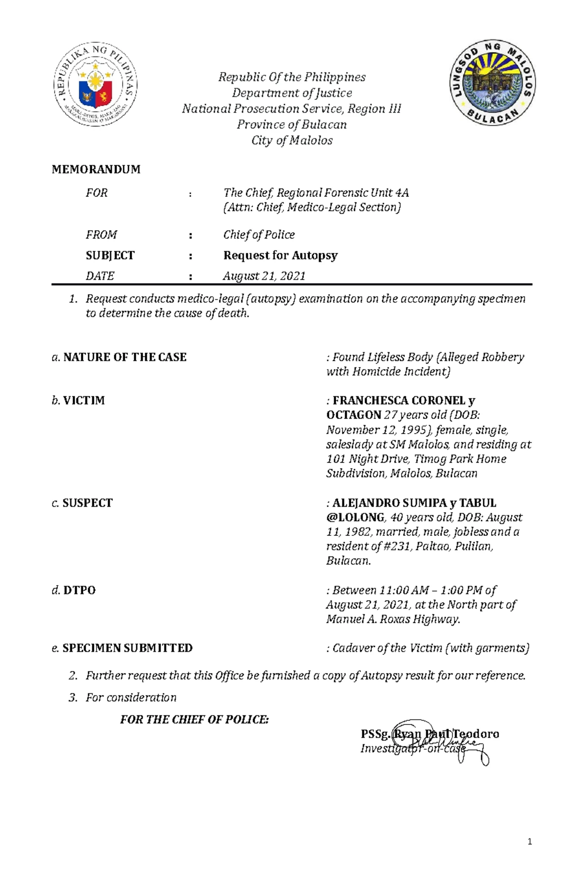 Request for Drug Test - Republic Of the Philippines Department of ...