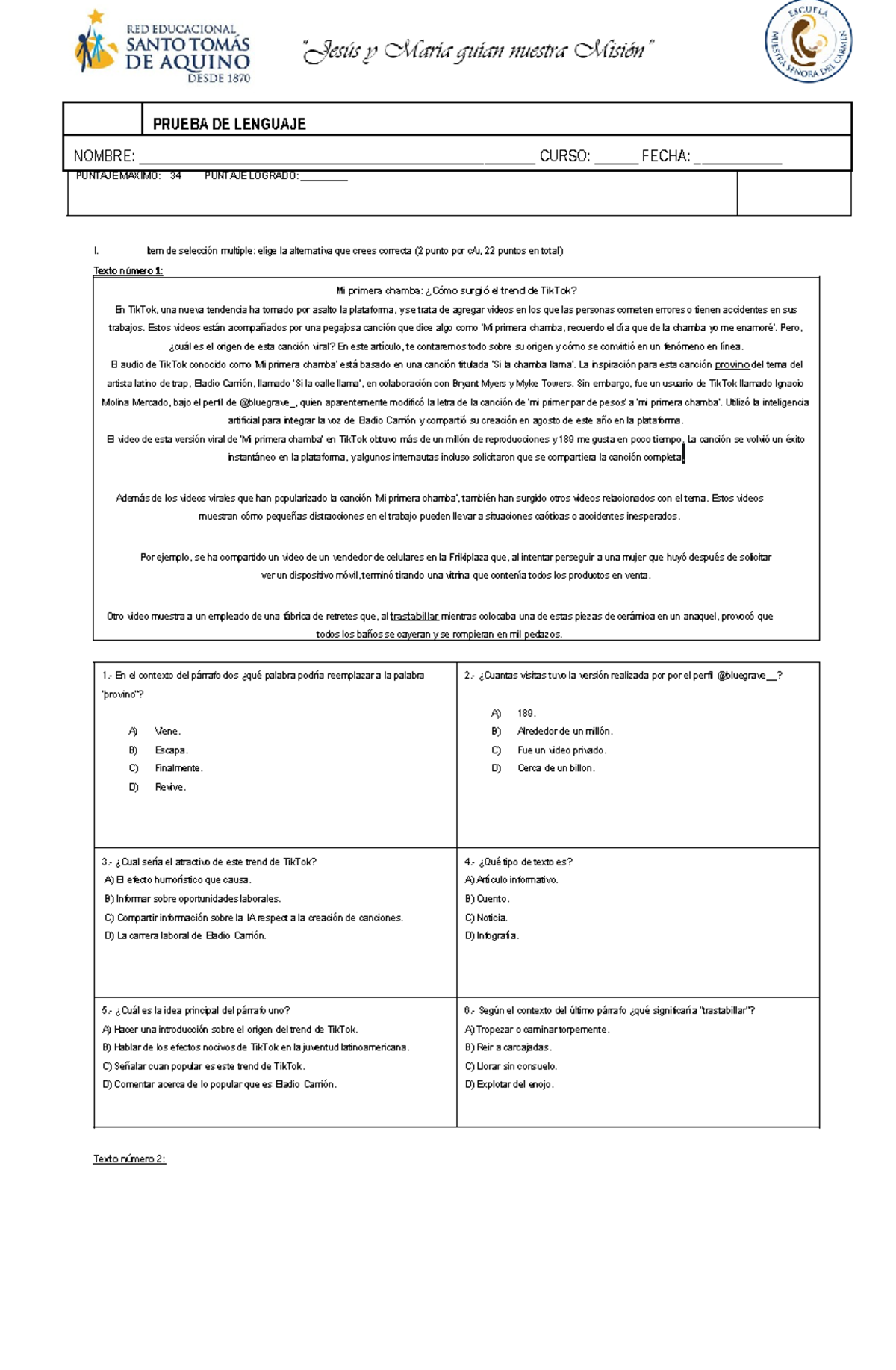 Prueba de Lenguaje - 5to Grado: Análisis de Texto y Comprensión - Studocu