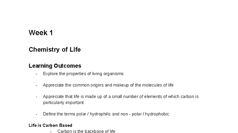 Molecules to Cells and Organisms: Week 1 & 2 Learning Outcomes - Studocu