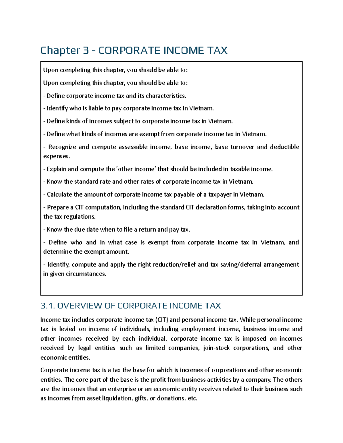 Chapter 3: Corporate Income Tax Overview and Computation (CIT 101 ...