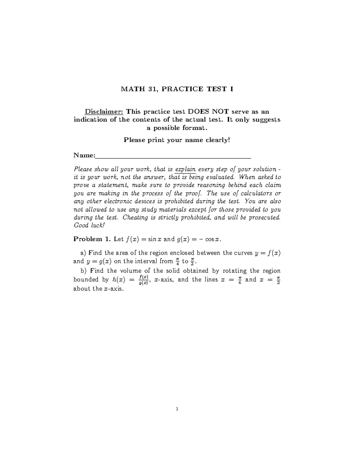 MATH 31, PRACTICE TEST I: Calculus Concepts and Problem Solving - Studocu