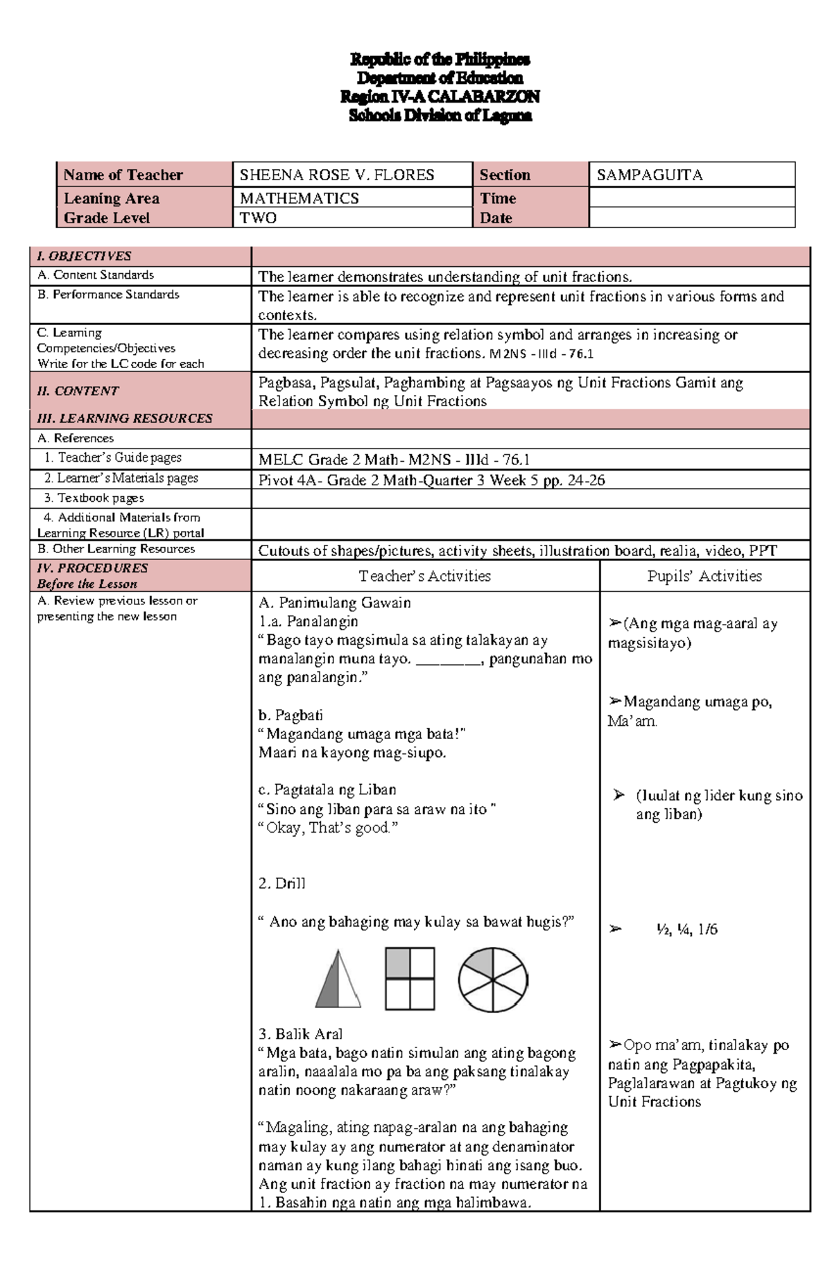 Understanding Unit Fractions: LP MATH 2 - Teacher Sheena Rose V - Studocu