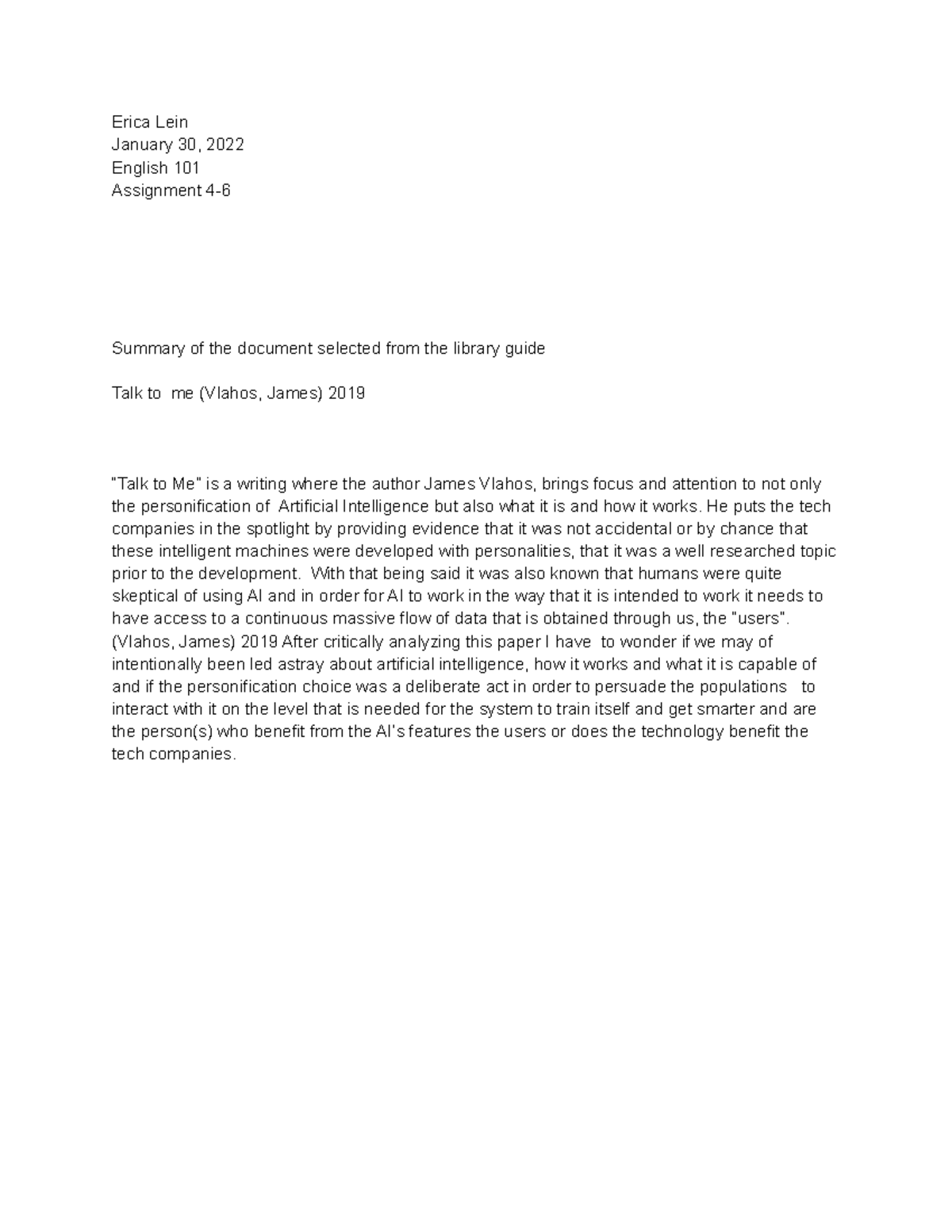 Assignment 4-6 summary of selected reading - Erica Lein January 30 ...