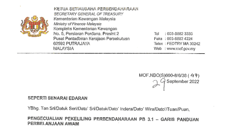 Surat NBO: Pengecualian Perenggan 3.10 PB 3.1 MySTEP - Studocu