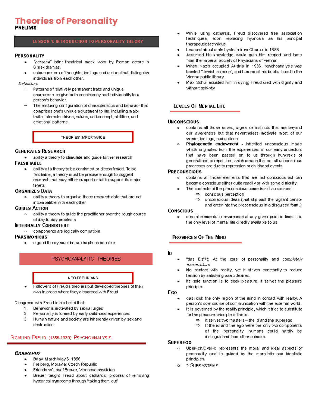 TOP Prelims Notes on Personality Theories and Dynamics - Studocu