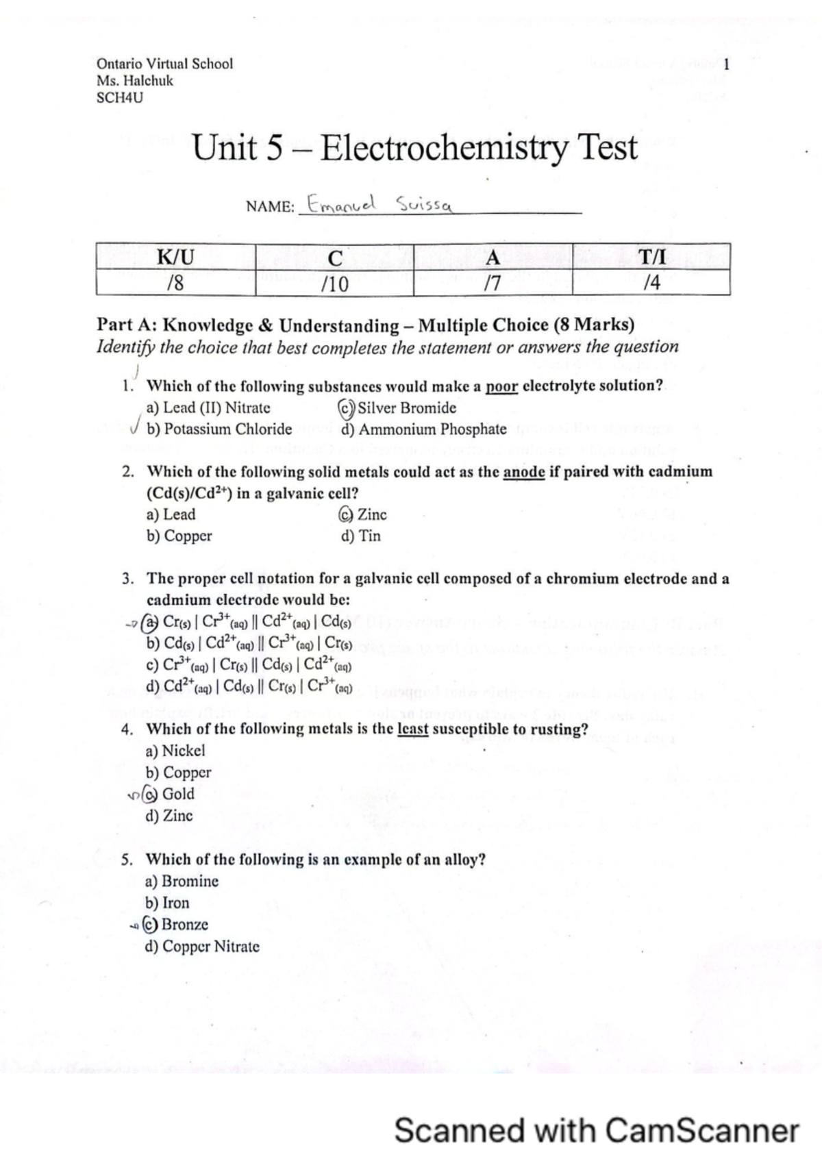 SCH4U Unit 5 Electrochemistry Test - Answer Key by Emanuel Suissa - Studocu