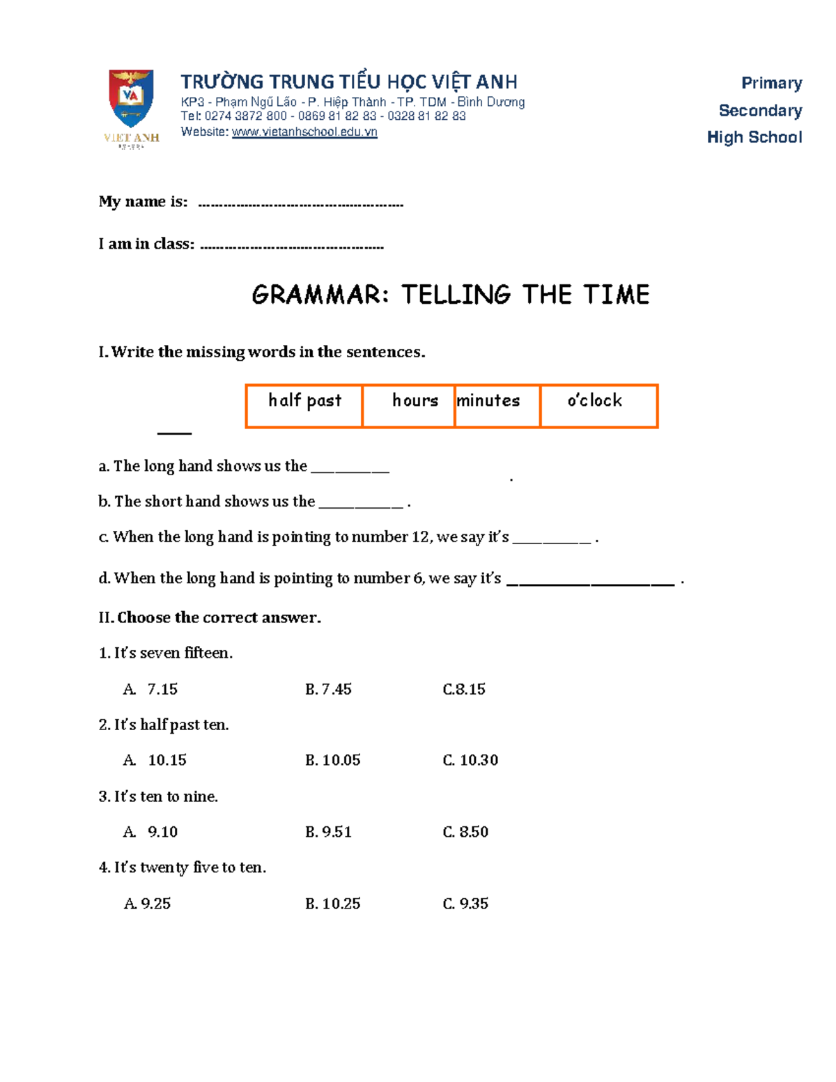 Telling the Time - Exercises for Primary KP3 Students - Studocu