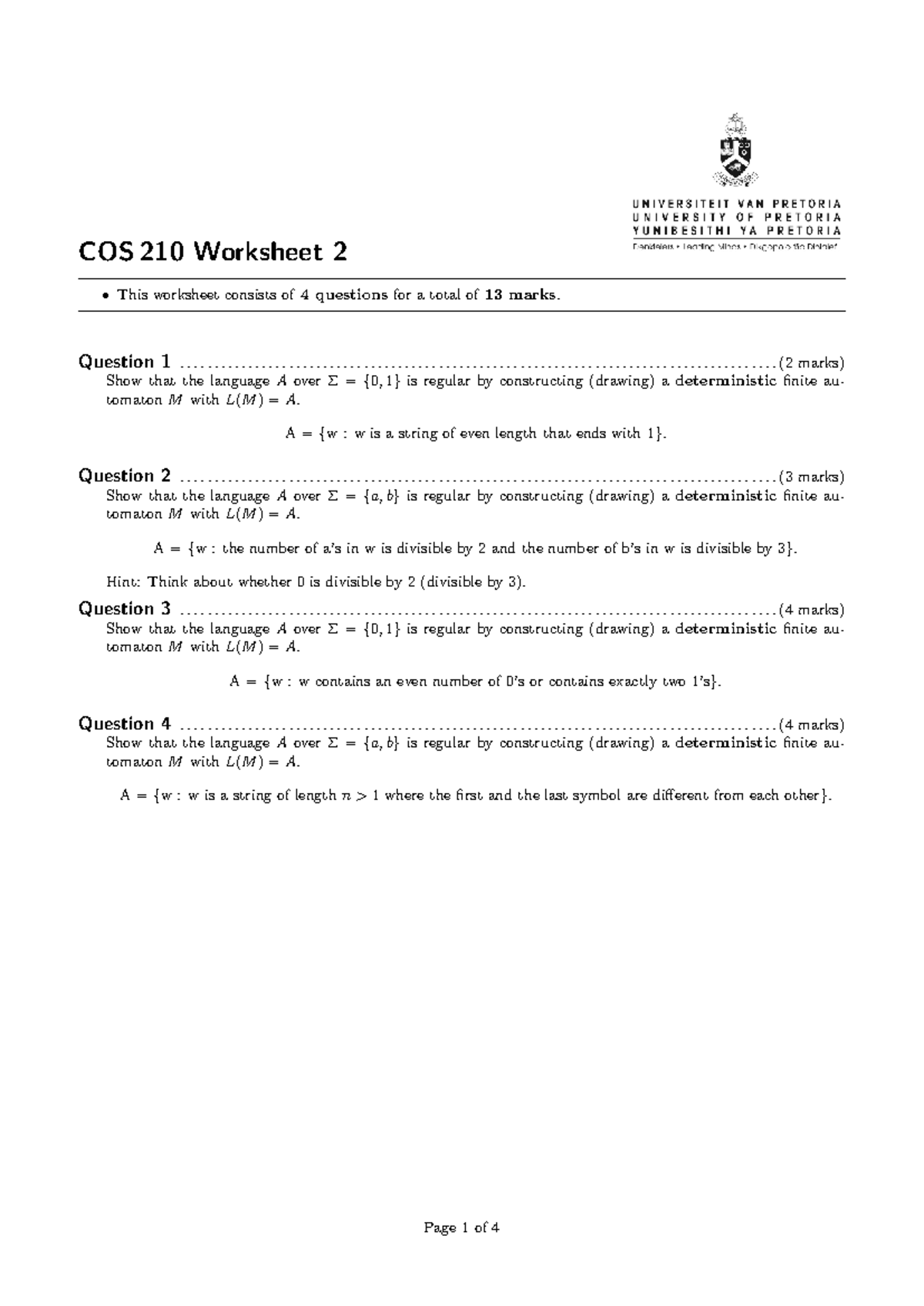 COS 210 Worksheet 2: Regular Languages and DFAs - Studocu