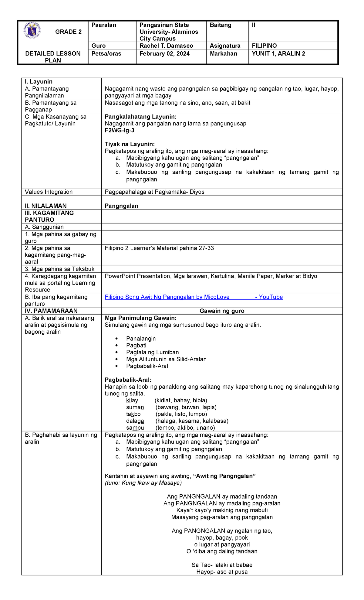 GRADE 2 FILIPINO DETAILED LESSON PLAN: PANGNGALAN (YUNIT 1, ARALIN 2 ...