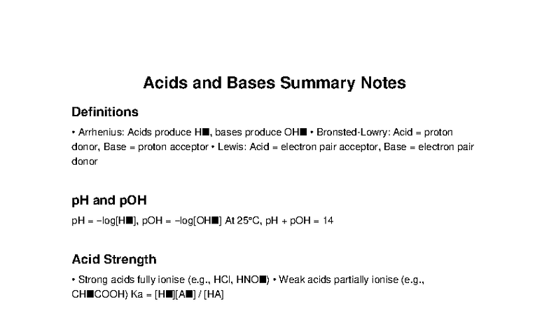 Acids and Bases Notes - Acids and Bases Summary Notes Definitions ...