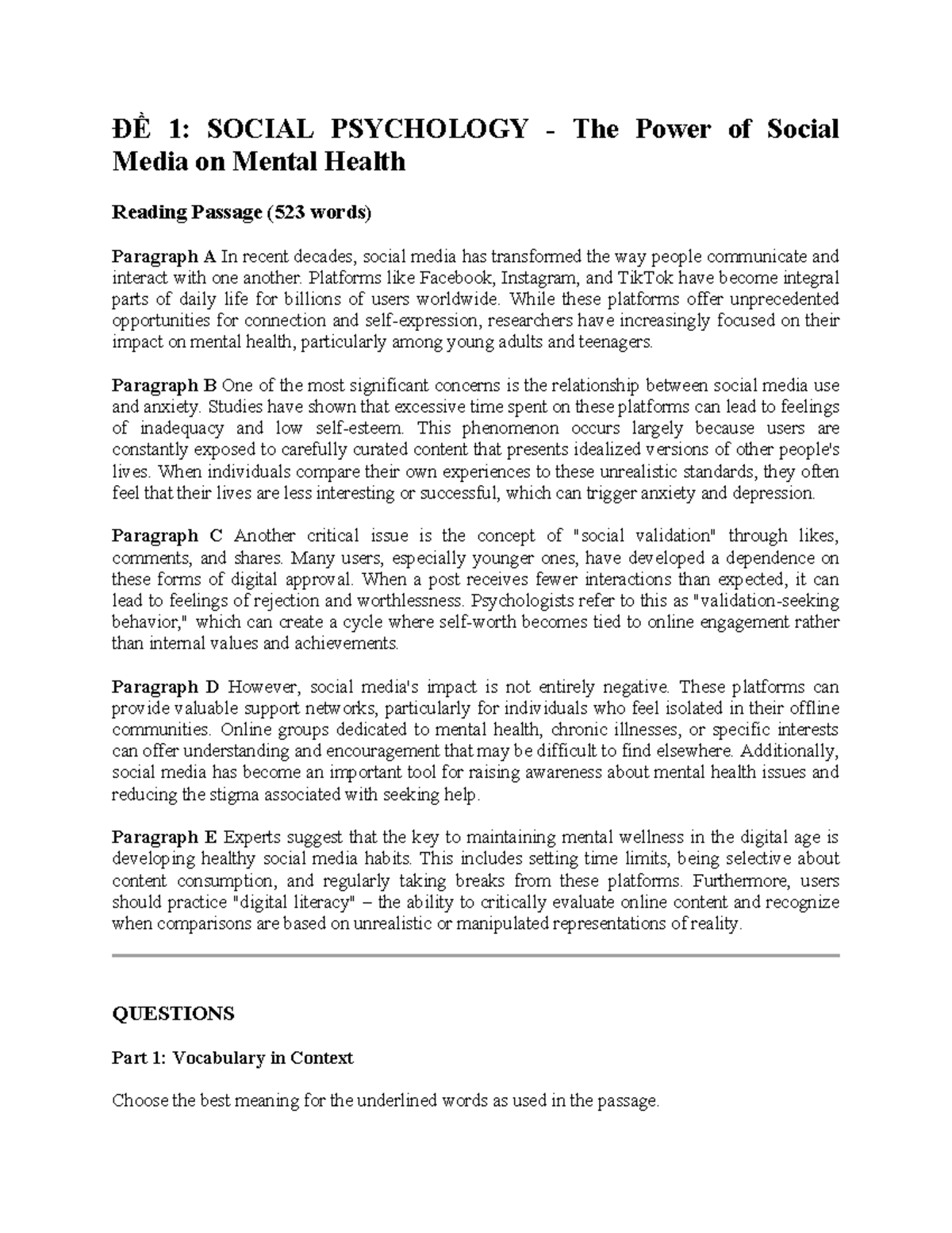 ĐỀ 1: SOCIAL PSYCHOLOGY - The Impact of Social Media on Mental Health ...