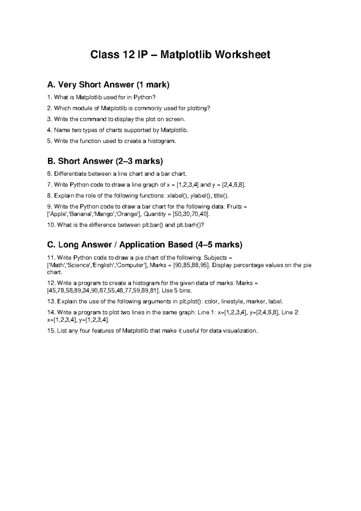 Class 12 IP Matplotlib Worksheet: Short & Long Answer Questions - Studocu