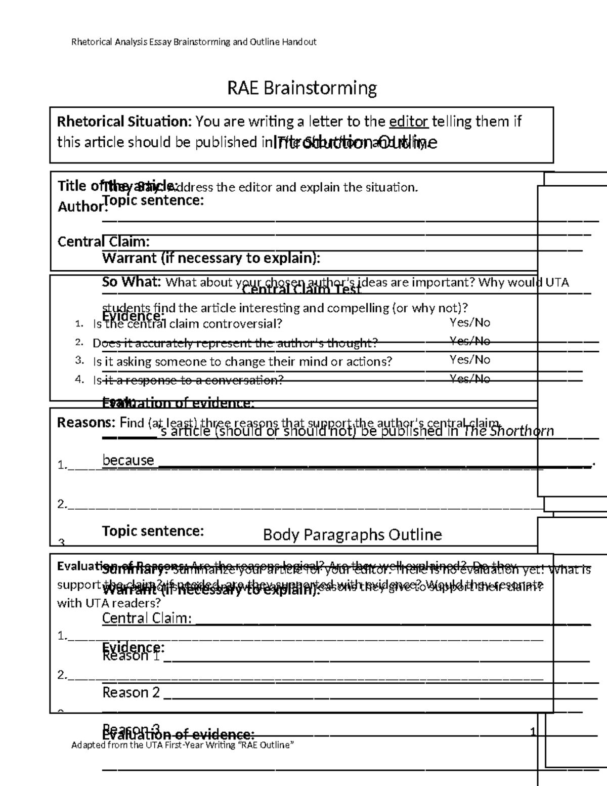 RAE 101: Rhetorical Analysis Essay Brainstorming & Outline Guide - Studocu