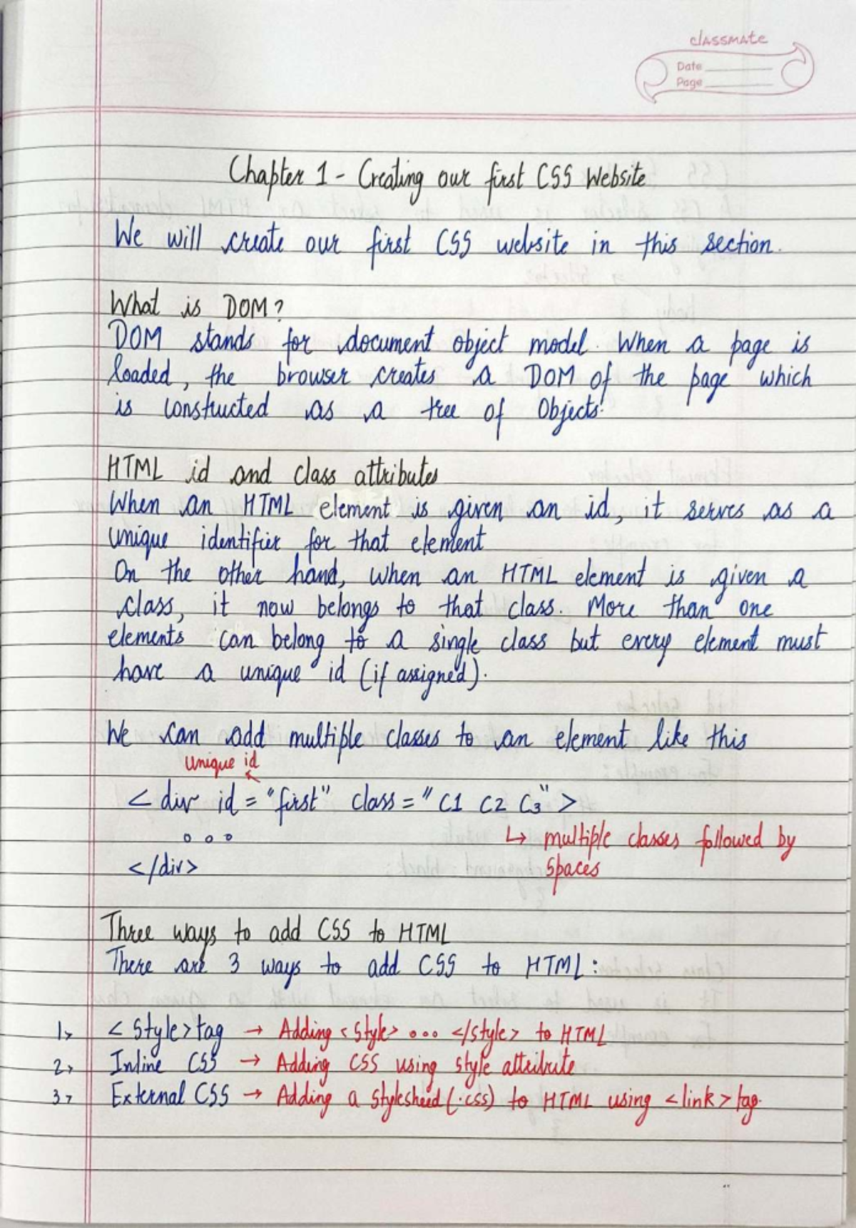 Chapter 1 CSS Basics - css unit1 - classmate Date Page Chapter Creating ...
