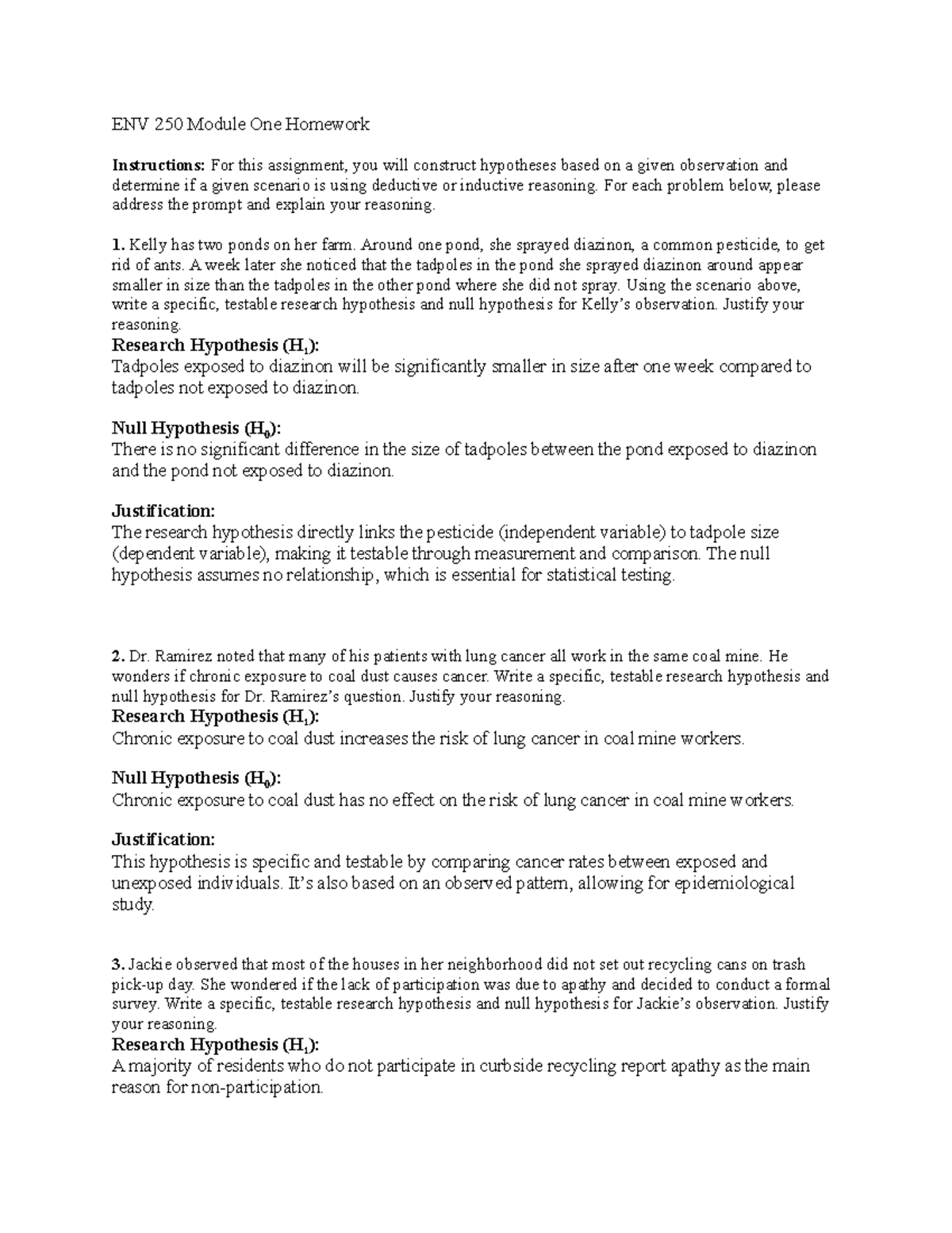 ENV 250 Module One Homework: Hypothesis Construction & Reasoning - Studocu