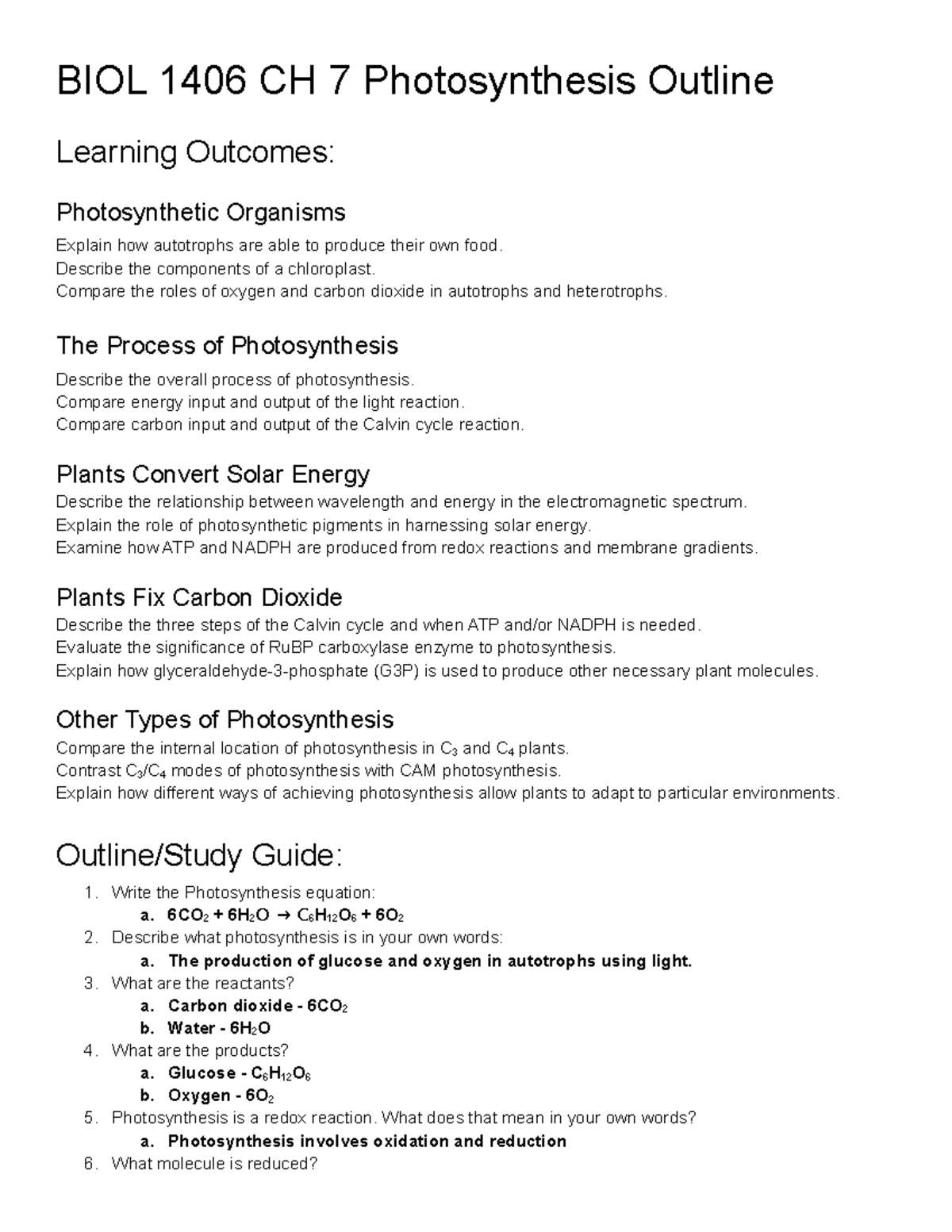 Biol 1406 Ch 7 Photosynthesis Outline Biol 1406 Ch 7 Photosynthesis