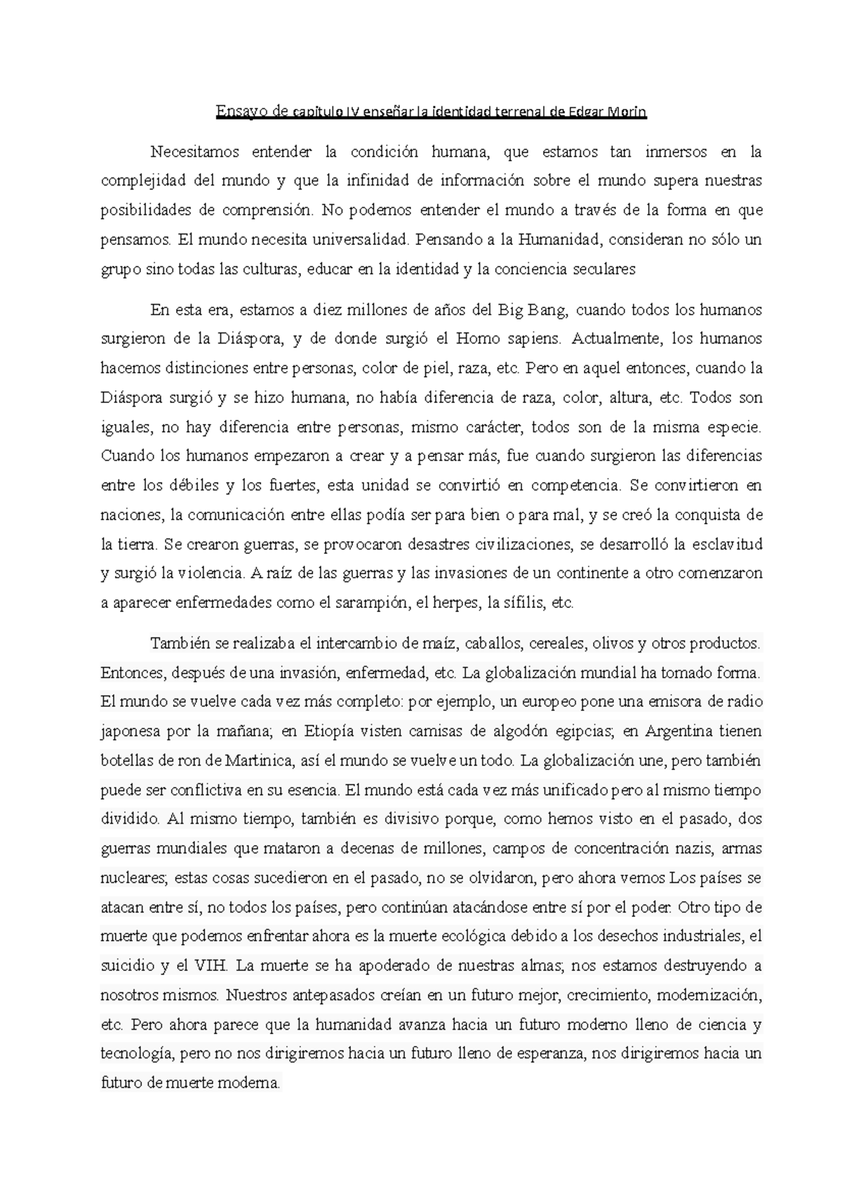 Ensayo: Capítulo IV - La Identidad Terrenal según Edgar Morin - Studocu