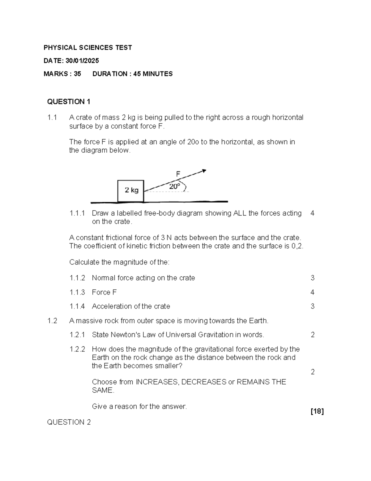 PHYSICAL SCIENCES TEST: FORCES & GRAVITATION (35 MARKS) - Studocu