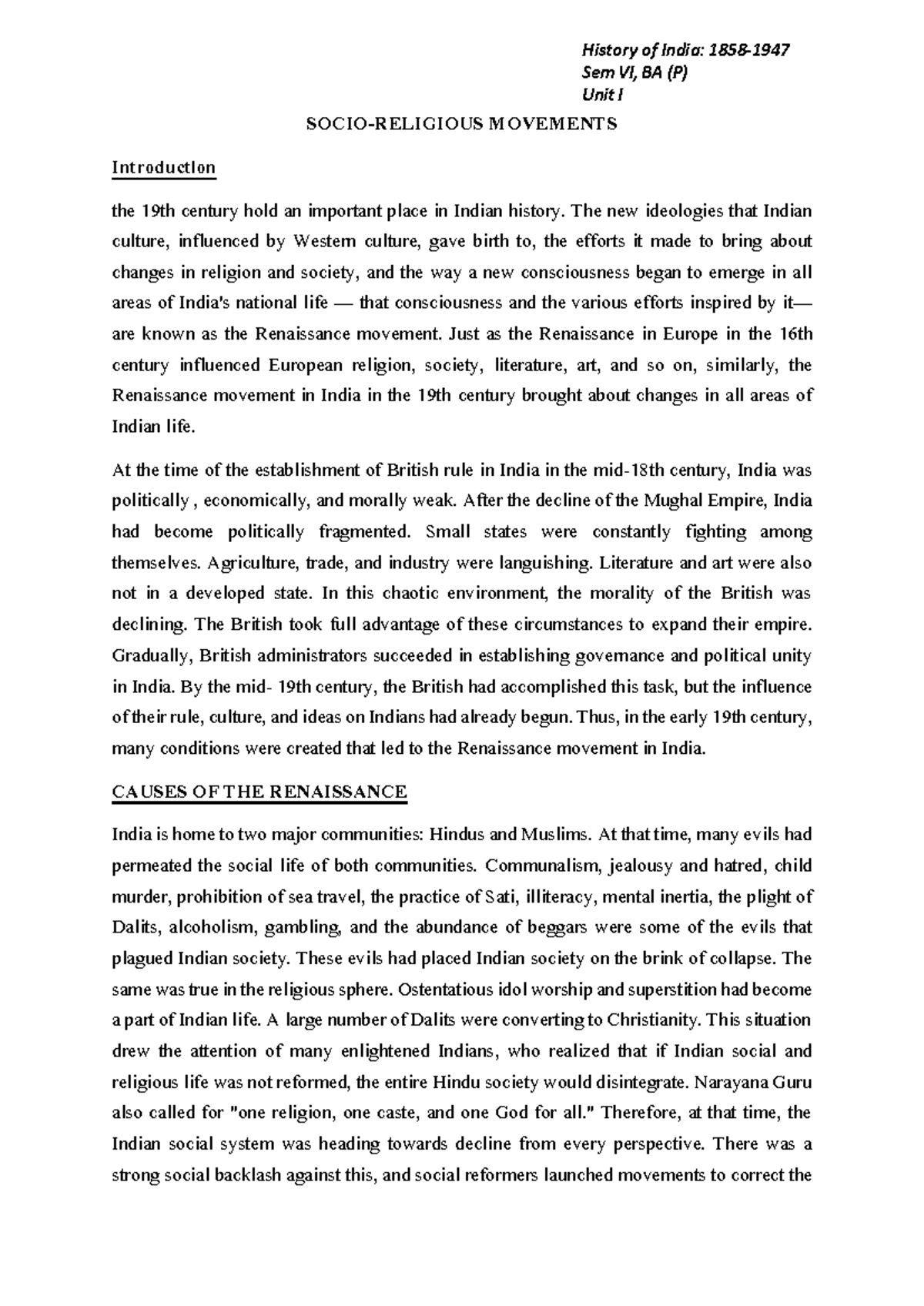 History of India: Sem VI, BA (P) Unit I - Social Reform Movements in ...