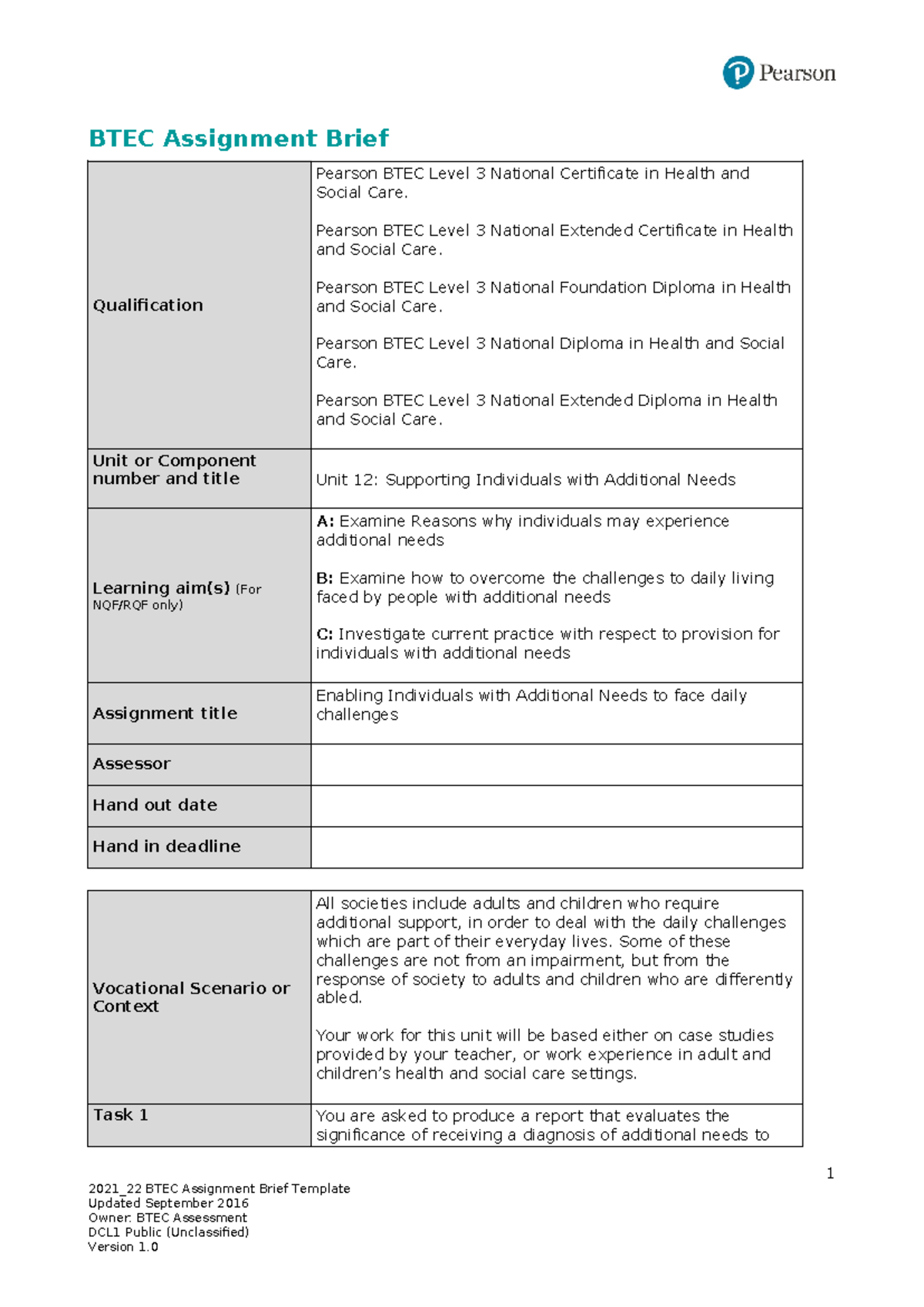 BTEC Level 3 Unit 12 Assignment Brief: Supporting Additional Needs ...