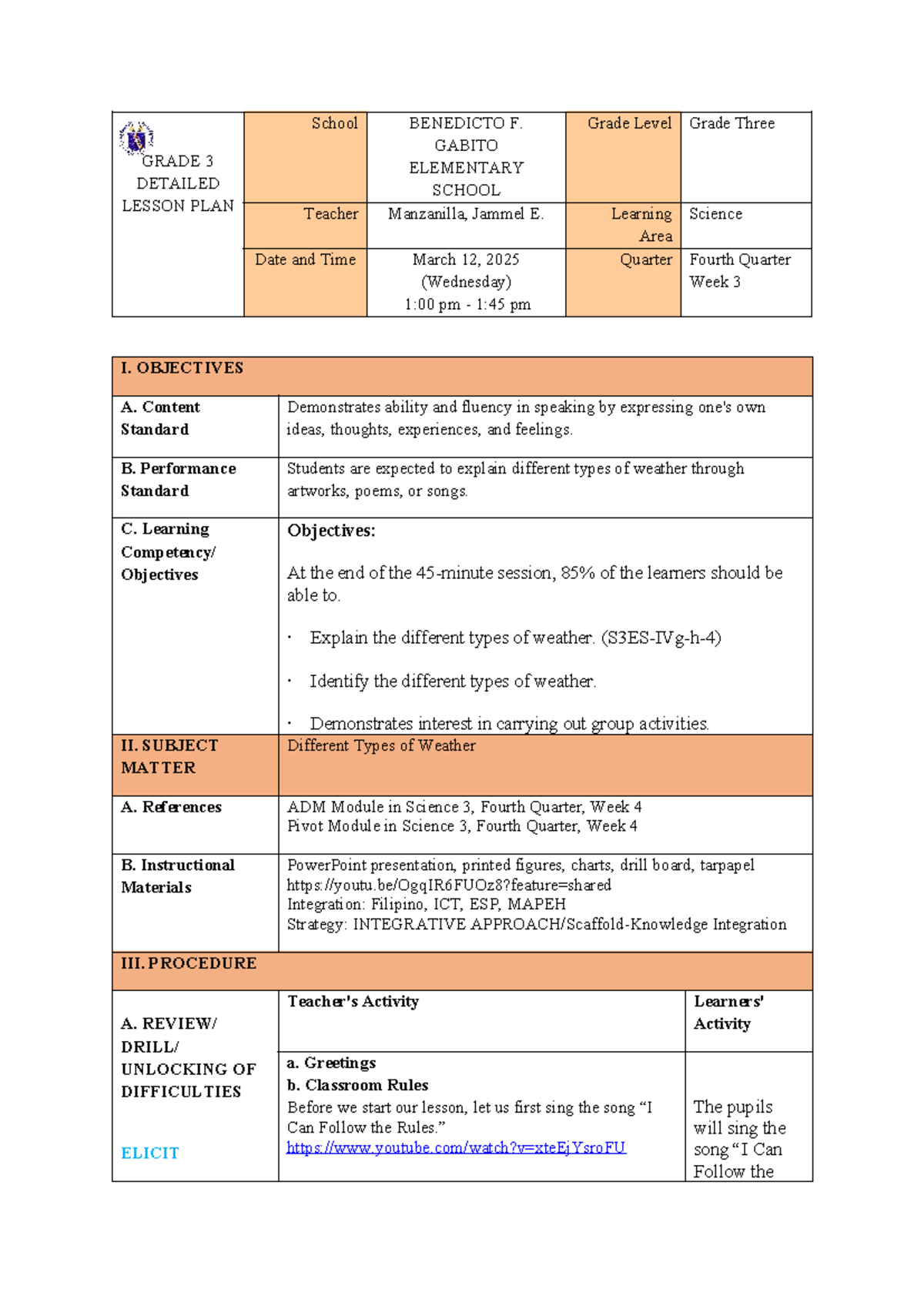 Grade 3 Final Lesson Plan: Understanding Weather Concepts (2025) - Studocu
