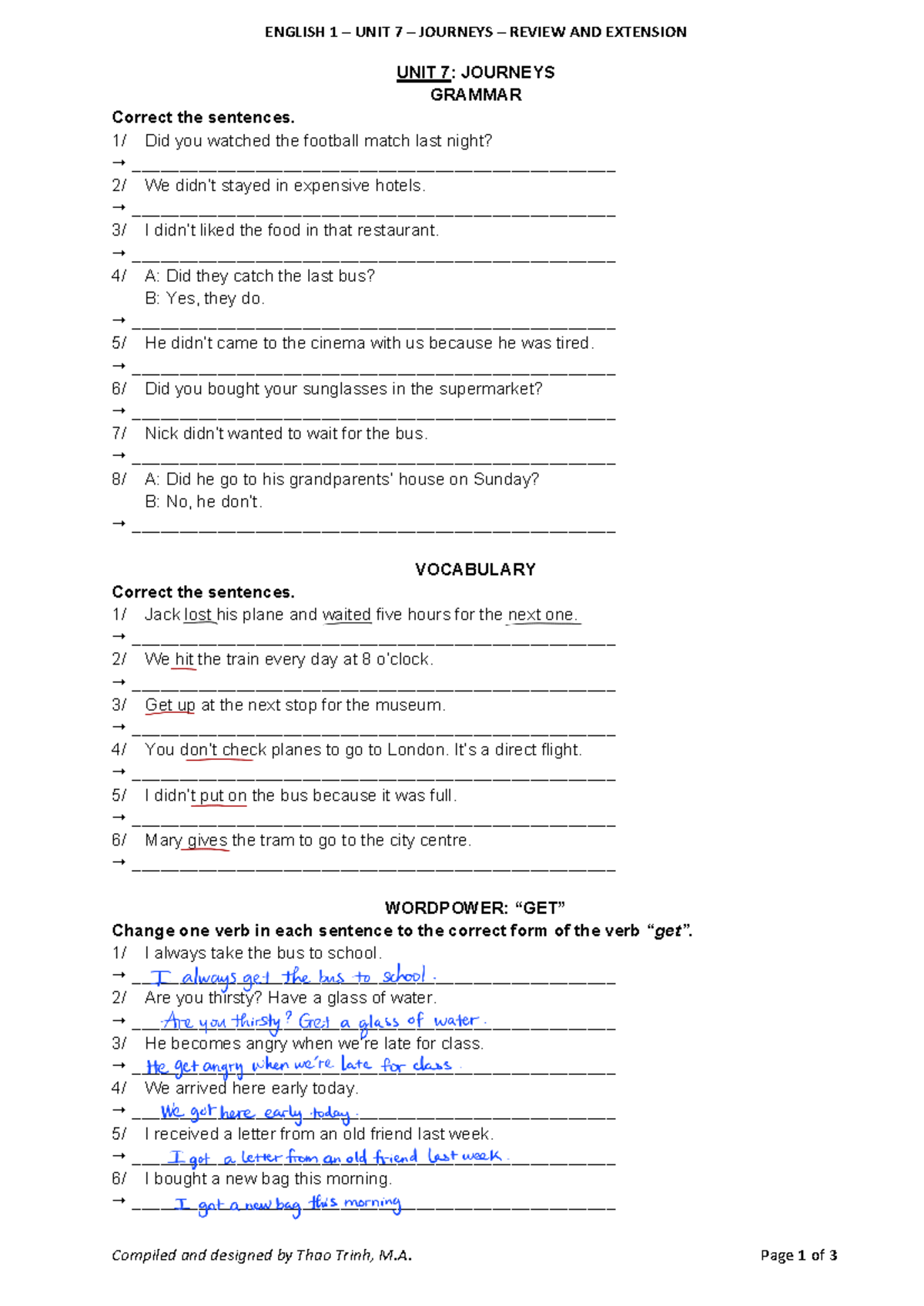 ENG1-U7: Journeys Review & Extension - Grammar & Reading Exercises ...