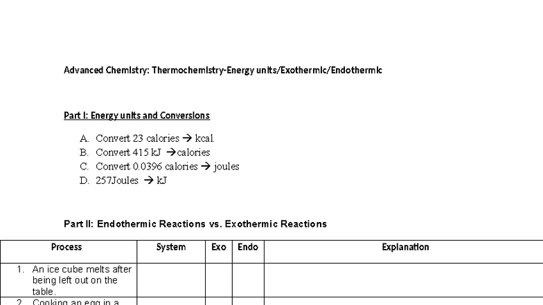 Advanced Chemistry (CHEM 301): Energy Units & Reactions Analysis - Studocu