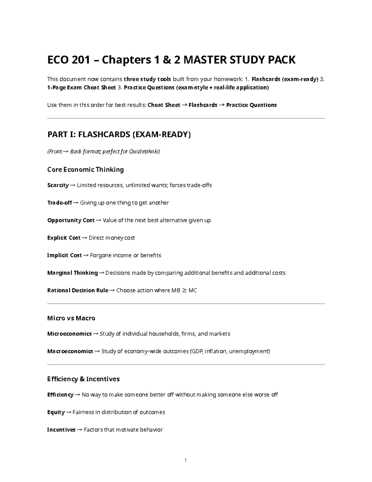 ECO 201 Chapters 1-2 Study Tools: Flashcards, Cheat Sheet & Practice Qs ...