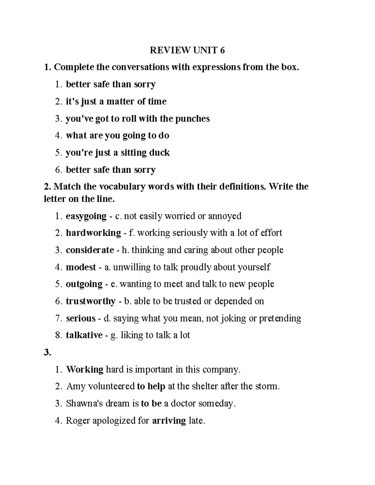 Review UNIT 6 - Vocabulary & Conversation Exercises - Studocu