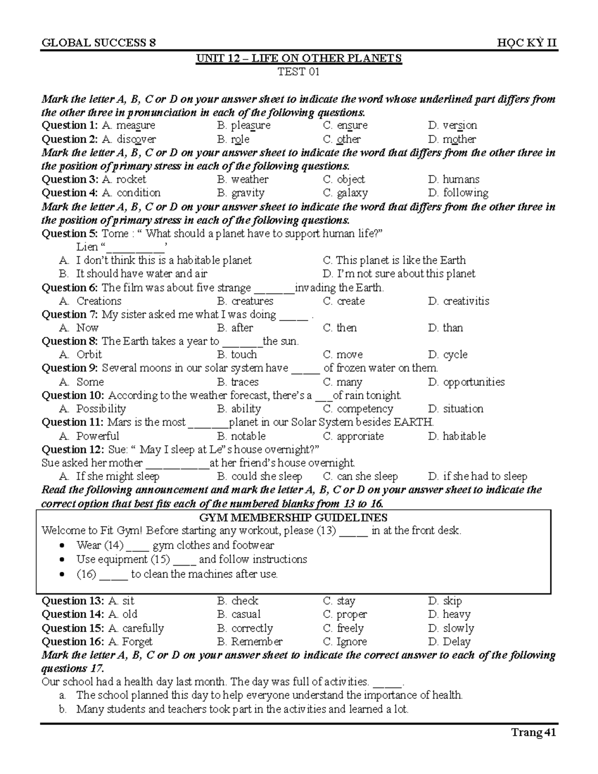 GLOBAL SUCCESS 8 UNIT 12 LIFE ON OTHER PLANETS TEST 01 HỌC KỲ II - Studocu