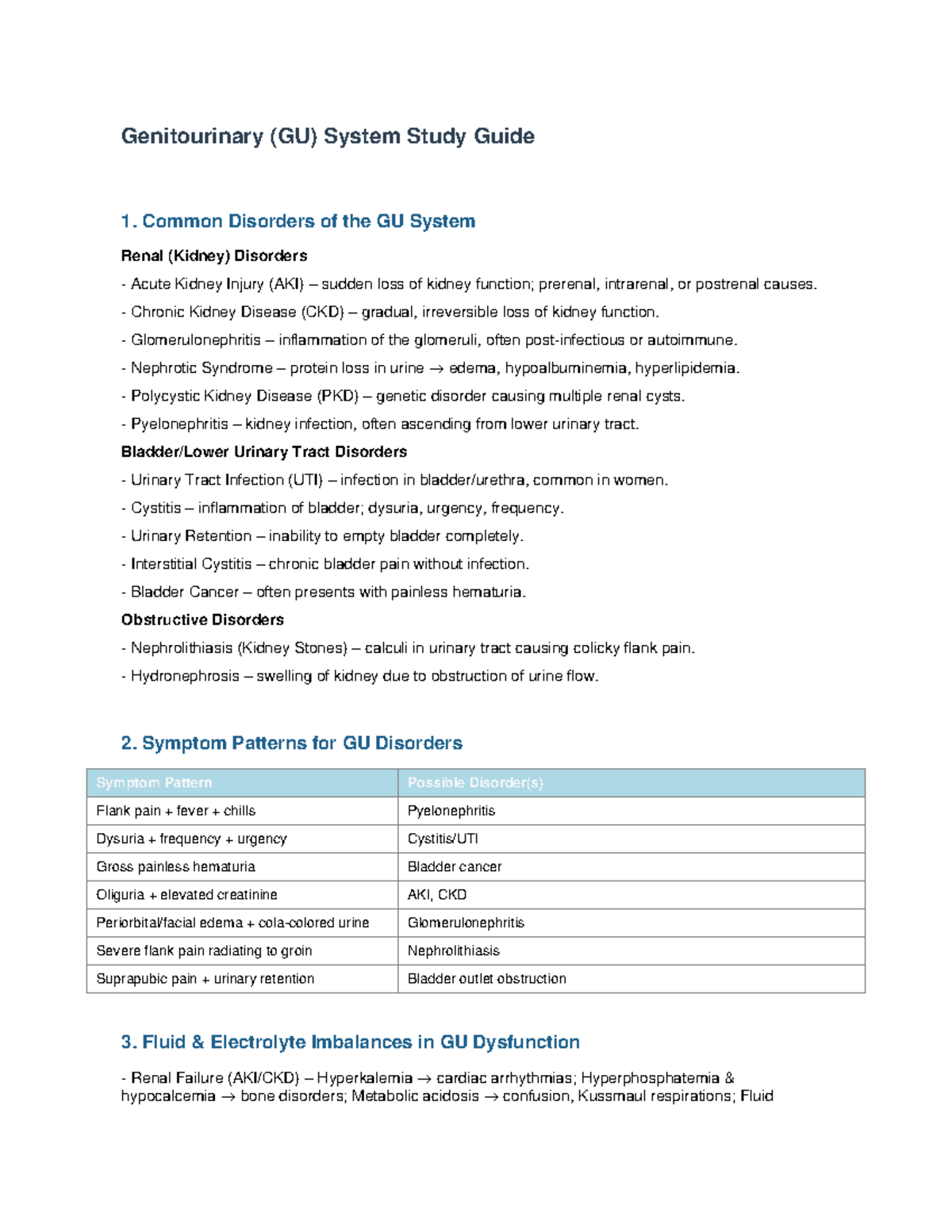 GU System Study Guide: Common Disorders & Symptoms Breakdown - Studocu
