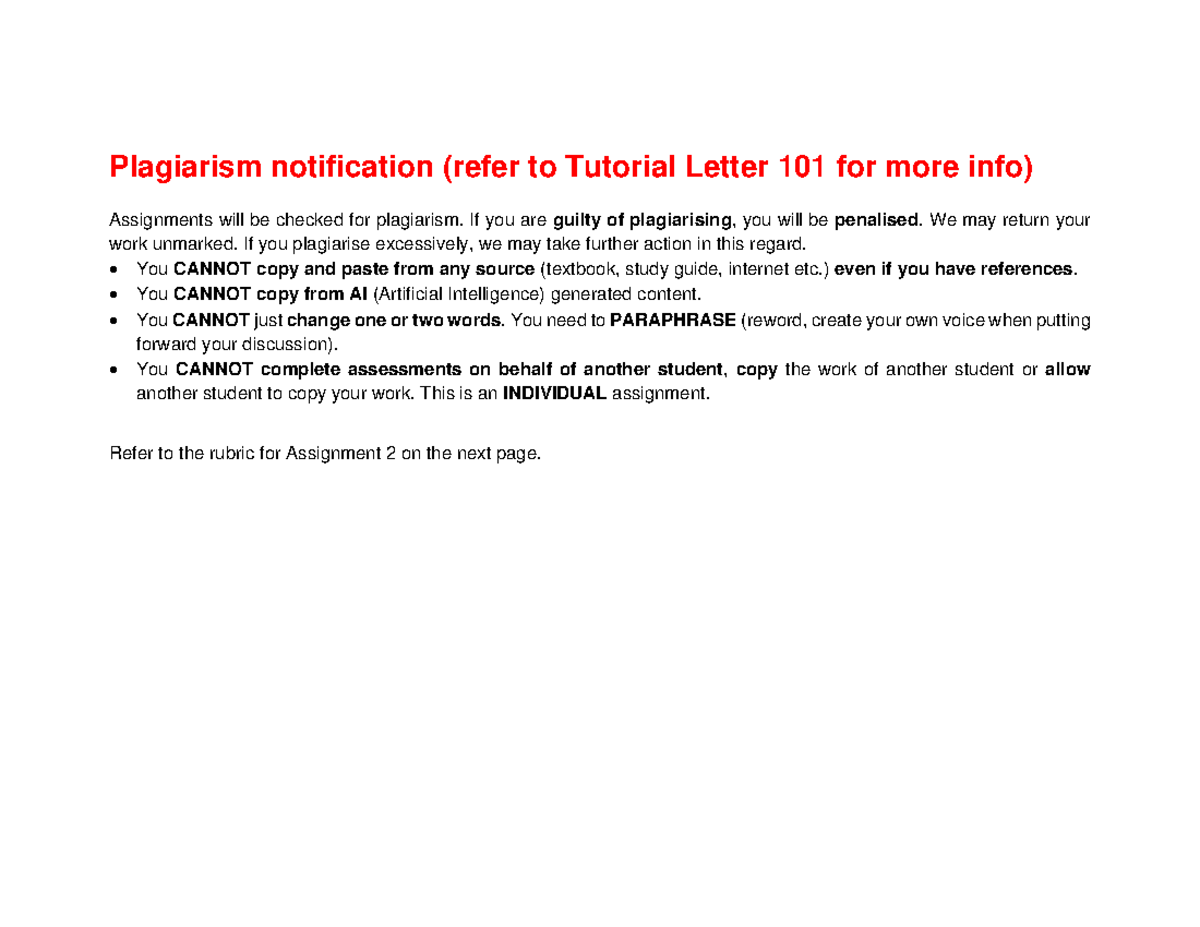 MNM3714 Rubric Assignment 2 - Plagiarism notification (refer to ...