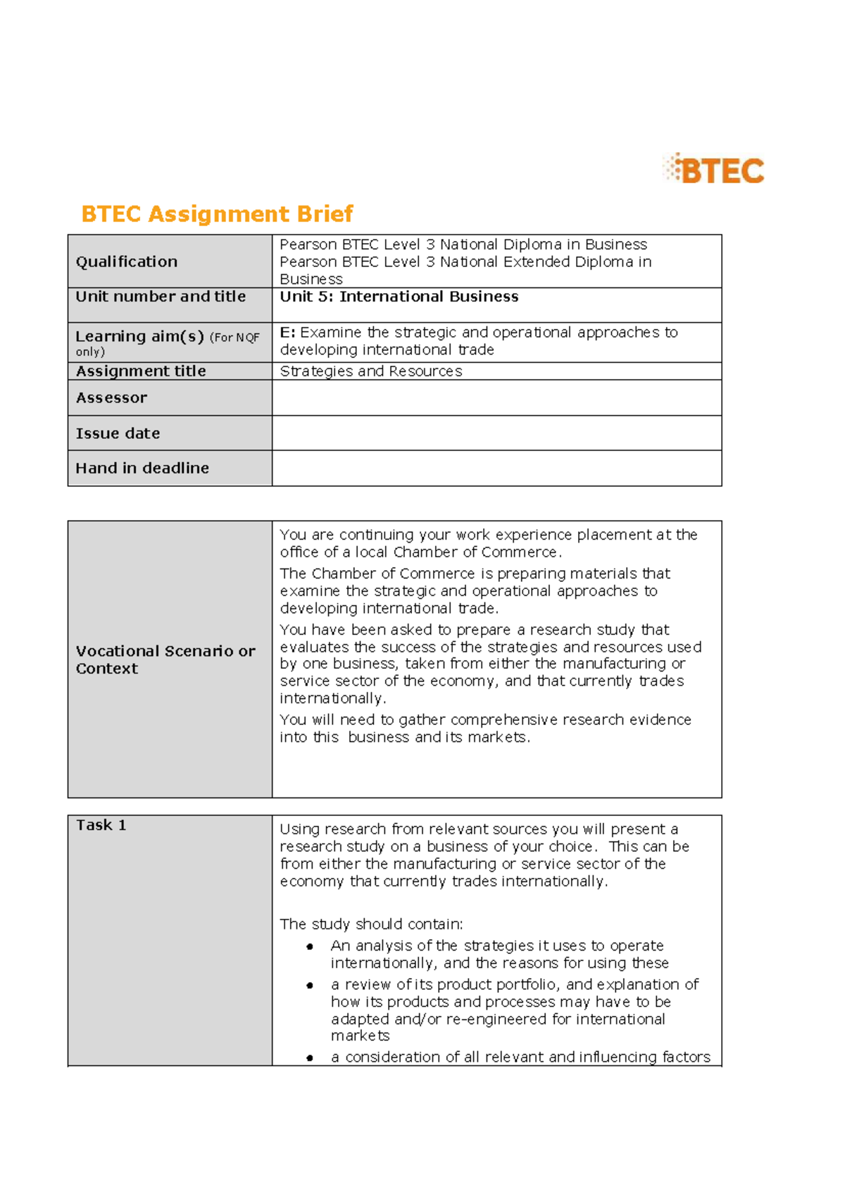 BTEC Level 3 Assignment Brief: Strategies for International Business ...