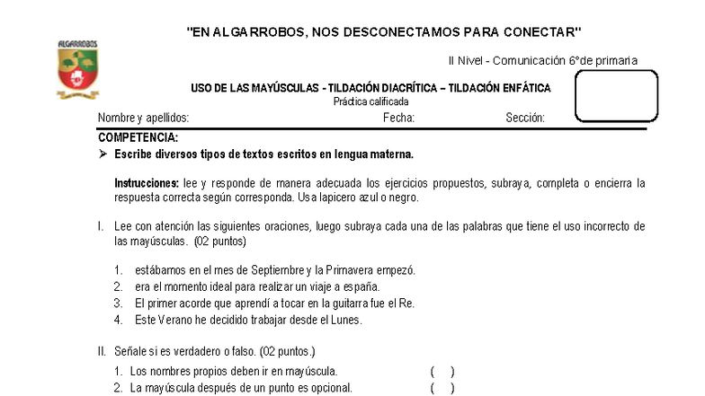 Práctica Calificada - 6° - Uso de Mayúsculas y Tildación, TD, TE - Studocu