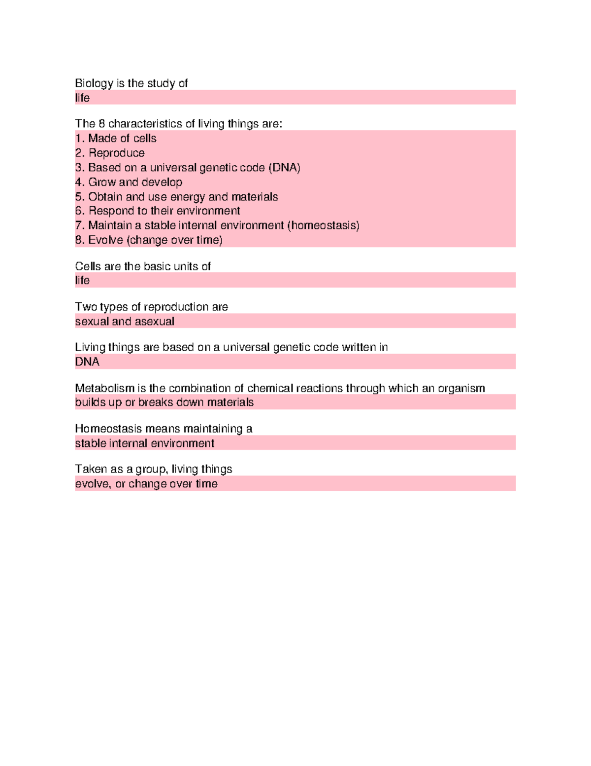 Biology 101 Chapter 1 Study Guide: Characteristics of Life - Studocu