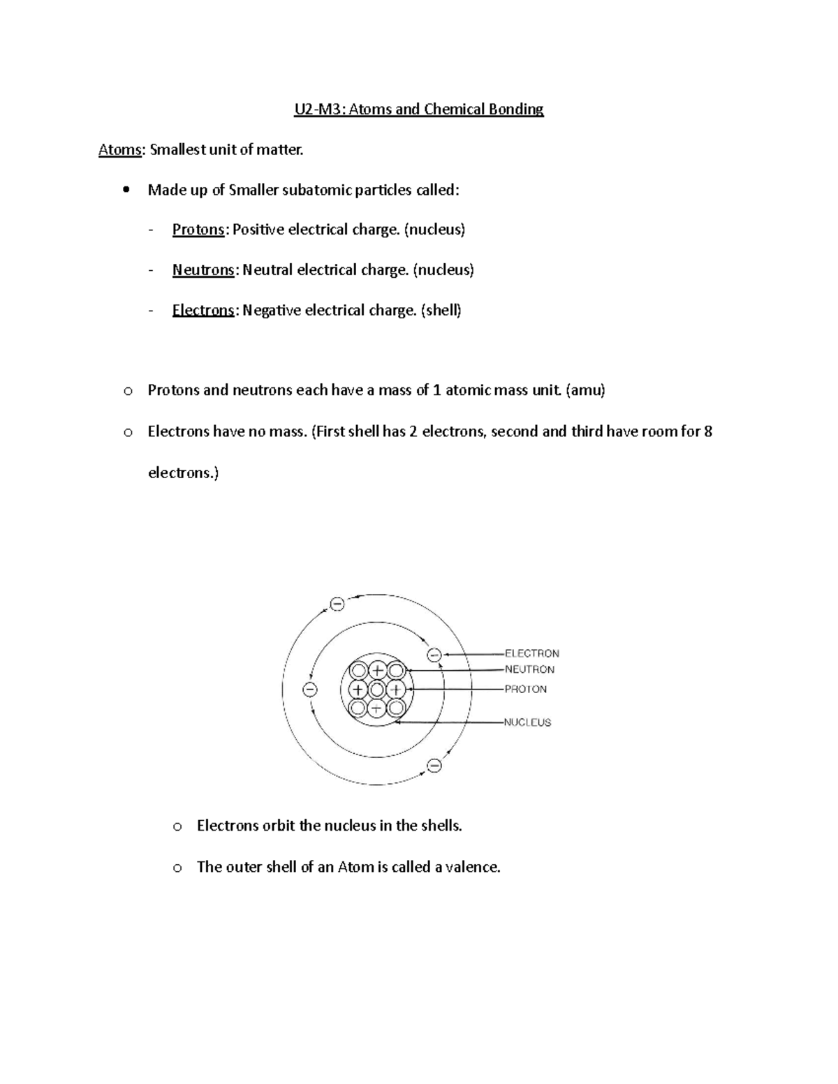 C190 Unit 2 Module 3 - Atoms and Chemical Bonding Atoms: Smallest unit ...