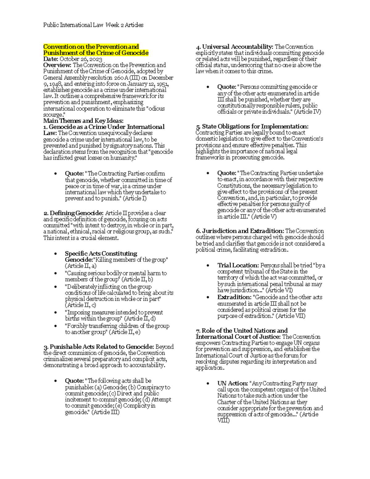 Public International Law Week 2 Lecture Notes on Genocide Convention ...
