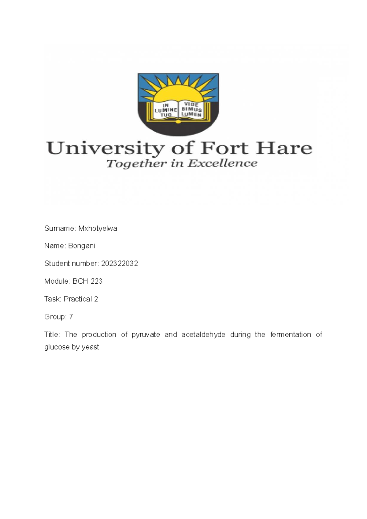 Practical 2 - BCH 223: Fermentation of Glucose by Yeast - Studocu