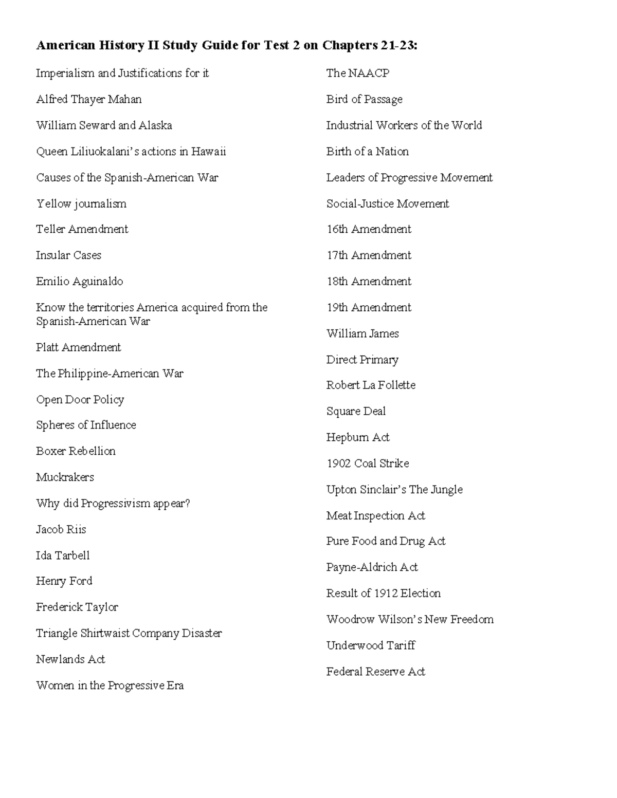 American History II Study Guide for Test 2: Key Topics & Events - Studocu